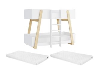 Vente-Unique Etagenbett - 90 x 190 cm - Weiß und Natur + Matratze - CORODELA