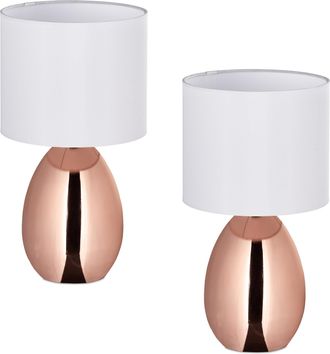 Relaxdays Nachttischlampe, 2er Set, mit Schalter, Fensterlampe, 3 Stufen, E14, Tischlampe, HD: 33,5x18 cm, Kupfer/wei&szlig;