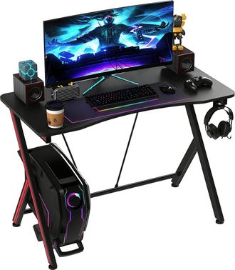 HOMCOM Gaming-Tisch Schreibtisch mit Kopfhörerhaken Getränkehalterung Computertisch Stahl + MDF Schwarz 105 x 55 x 75 cm