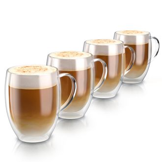 Arendo doppelwandige Trinkgl&auml;ser 350ml mit Henkel - Latte Macchiato Cappuccino Tee - 4er Set - Doppelwandglas - Thermotassen - sp&uuml;lmaschinengeeignet - Teetas