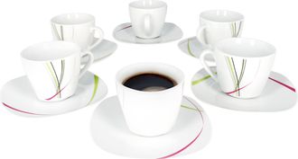 Van Well I 12-TLG. Kaffeetassen-Set Fashion I 6 Personen I 6X kleine Becher 180-220 ml + 6X Unterteller I abstrakte Streifen pink-grün-grau-schwarz I Porzellan
