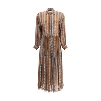 Crida Milano Georgette Midi Kleid mit Klassischem Kragen - - Dresses - Damen - Braun - M