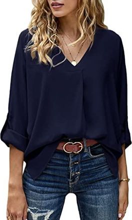 ORANDESIGNE Chemisier Femme Manches Longues Blouse en Mousseline Col V Couleur Unie Chemisie &Eacute;l&eacute;gant en Mousseline De Soie Top Chic Printemps &Eacute;t&eacute; Haut Tunique B M