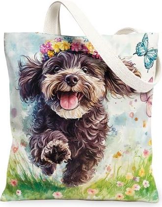Generic Sac fourre-tout en toile motif chien deau portugais printanier 33 x 38,1 cm, motif papillons amusants, sac d&eacute;picerie r&eacute;utilisable pour femme, peinture