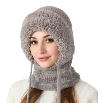 Generic Bonnet Femme 3 Bonnets en Maille &eacute;paisse doubl&eacute;e Peluche Chaude dhiver, &agrave; Capuche et &eacute;charpe incluses, Gris, Taille Unique