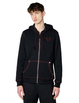 True Religion Herren Big T Zip Up Hoodie, Tiefschwarz/Feuerrot, Large