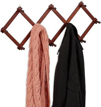 Relaxdays Wandgarderobe Holz, ausziehbare Garderobenleiste, 10 Kleiderhaken, f&uuml;r Jacken, Scherengarderobe faltbar, braun