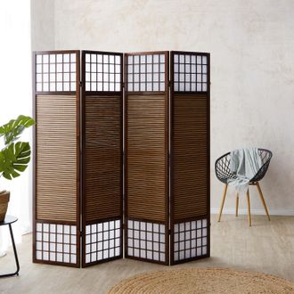 Homestyle4u 89, Paravent 4 teilig Dunkelbraun Bambus Raumteiler Holz Shoji Sichtschutz