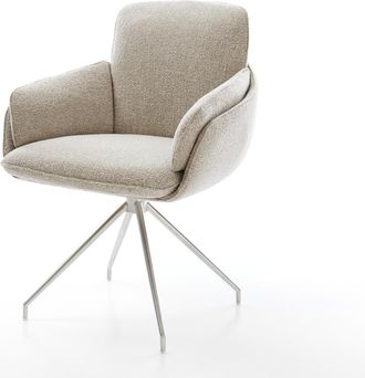 DELIFE Esszimmerstuhl Luan-Flex mit Armlehnen Webstoff Soft Beige Kreuzgestell konisch Edelstahl, Esszimmerst&uuml;hle