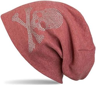 styleBREAKER Bonnet Classique avec Application en Strass en Forme de tête de Mort, Unisexe 04024034, Couleur:Rouge Brun chiné, matériel:Chaud