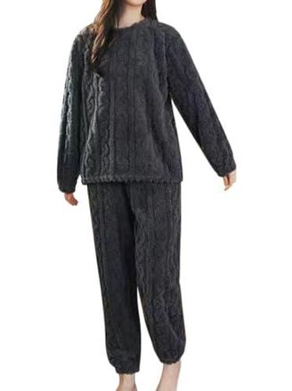 Minetom Femme Ensemble de Pyjama Automne Hiver Manche Longue Doux Chaud Polaire V&ecirc;tements de Nuit Haut Tops et Pantalon Deux Pi&egrave;ces A Gris Taille Unique