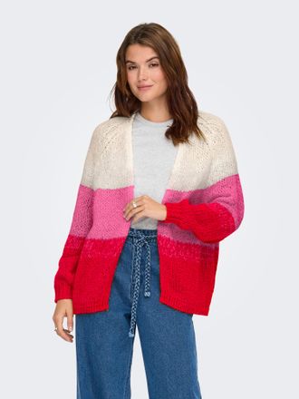 Only Strickjacke ONLY ONLALYSSA LIFE LS OPEN CARDIGAN CC KNT, Damen, Gr. XL, birch stripes:knockout pink, salsa, Strick, Obermaterial: 100% Polyester, gest