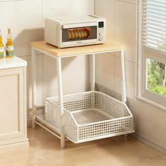 Generic Kompakter Mikrowellenwagen Mit Aufbewahrungskorb & Rollen - Mobiler K&uuml;chenwagen, 2-st&ouml;ckiger Servierwagen Mit Holzplatte Und Schublade - Stilvoller Au