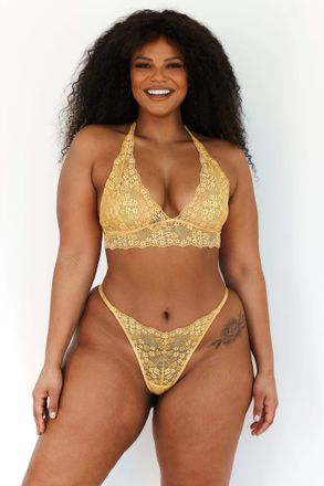 Lounge Underwear Lace Triangle BH und String/Slip Set - Senffarben
