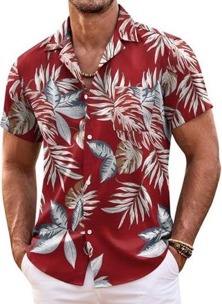 Coofandy Funky Chemise hawa&iuml;enne pour Hommes Manches Ccourtes Chemise a Fleur Palmiers Oc&eacute;an Plage Aloha Rouge- Feuille S