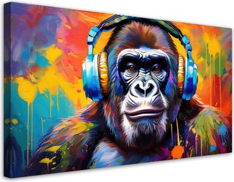 Feeby Bild auf Leinwand - Wandbilder Wohnzimmer Aesthetic - Bunter Affe mit Kopfh&ouml;rern - 80x40 1tlg - Schlafzimmer Wandekoration - Bilder Zimmer - Living Ro