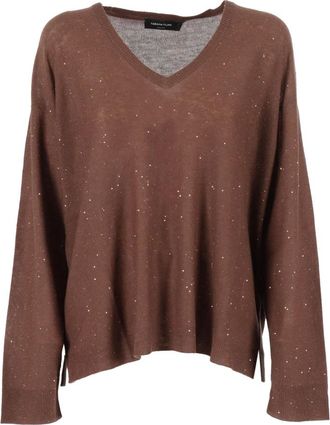Fabiana Filippi Femme, Pulls, Brun, Taille: 40 FR Maglia scollo V manica 3/4 in lana paillettes