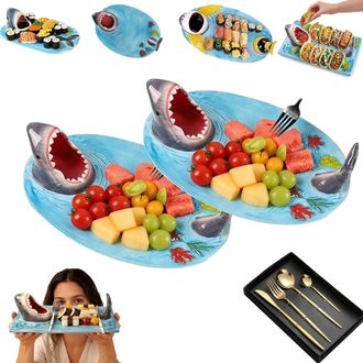 Generic Hai-Charcuterie-Brett, 3-in-1-Hai-Sushi-Teller Mit Dip-Sauce-Schale, Lustiger Handgefertigter Keramik-Hai-Taco-Halter, Hitzebest&auml;ndig Bis 1300 &deg;C, Mik