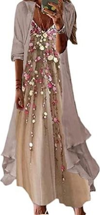 Minetom Robe Femme Robe DÉté De Plage Maxi Robe en Mousseline De Soie À Motif Floral Col V Robe Longue Robe avec Blouse De Protection Solaire A8 Kaki 3XL