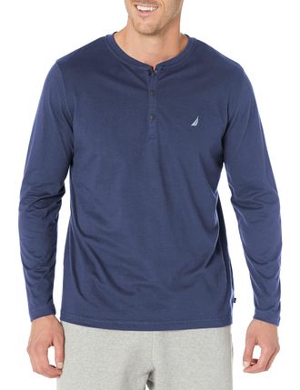 Nautica Herren Lang&auml;rmeliges Henley-Pyjama-top Pyjamaunterteile, Indigo, Gro&szlig;