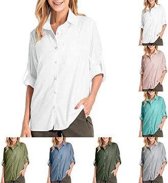 Generic Chemisier pour femme - Chemises en coton pour femme - &Eacute;l&eacute;gante chemise basique &agrave; manches longues - Col en V - Haut en coton &eacute;l&eacute;gant et ample - Haut de