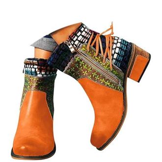 Onsoyours Bottines Courtes pour Femme avec Talon Fermeture Eclair Vintage Motard pour Femme avec Talon pour lhiver Orange 38 EU