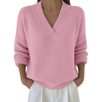 Generic Pull pour femme avec col en V et manches longues en tricot au crochet - Pull l&eacute;ger d&eacute;contract&eacute; et confortable - Coupe ample - Tenue tendance pour un u
