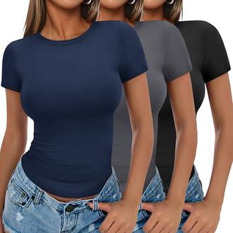 Ekouaer Lot de 3 T-Shirts Femme Manches Courtes Basiques Maillots de Corps dété à Col Ras du Cou Hauts Extensibles, Noir + Bleu Violet + Gris, S