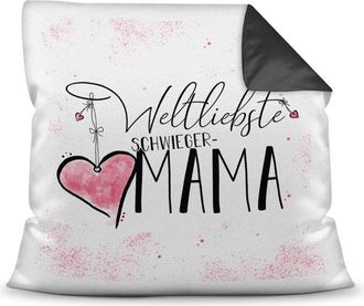Tassendruck Familie-Kissen mit Spruch für die Weltliebste Schwiegermama - Kissenbezug inklusive Kissen/Verwandte/Geschenk-Idee/Liebling/Kinder/Farbkissen Rückseit