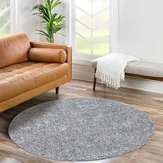 Carpet City Shaggy Tapis de salon, &agrave; poils longs, motif uni, gris, 160 cm, rond, doux et moelleux, moderne, convient &eacute;galement &agrave; la chambre &agrave; coucher