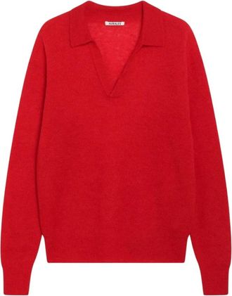 Auralee Polo Skipper en maille transparente en alpaga Baby Suri - Homme - Pulls - Rouge - Taille: M