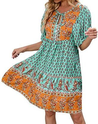 Generic Robe boh&egrave;me 2026 pour femmes, robe &agrave; imprim&eacute; floral, robe de plage &agrave; manches rondes, d&eacute;contract&eacute;e, mini &eacute;t&eacute; maxi, bleu, M