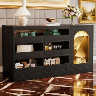 Generic Moderner Schwarz-Schrank mit LED-Licht, 6-Schubladen-Kommode mit Hohlschranktüren im minimalistischen Design für vielseitige Raumnutzung