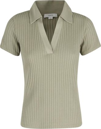 Vince Femme, Tops, Vert, Taille: 40 FR Polo &agrave; Manches Courtes en Maille C&ocirc;tel&eacute;e M&eacute;lange de Coton