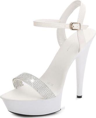 Generic Blanc,40 EU,Sandales à Talons Hauts et Plateformes pour Femme, Bride à la Cheville, Bout Ouvert, Strass, Chaussures habillées pour Bal de Promo, soiré