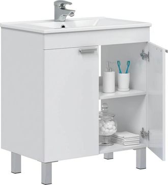 Dmora Unterbeckenschrank Cariati, 2 T&uuml;ren, Fl&uuml;gelt&uuml;r, Aluminiumf&uuml;&szlig;e, 70x45x80 cm, Hochglanz Wei&szlig;