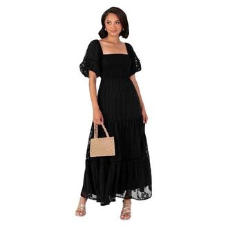 Lovedrobe Womens Maxi Dress Ladies Square Neckline Puff Sleeve Tiered Hem Floral Chiffon Shirred A-Line Tie Back Milkmaid, Noir 46