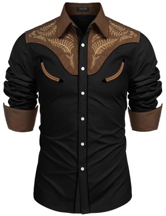 Coofandy Coofandy Herren Western-Cowboy-Hemd, Bestickt, Button-Down-Langarm-Shirt, Baumwolle - Schwarz und Braun, Mittel