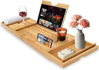 SereneLife 2-in 1 Ablage als Badewannenablage & Betttisch - Klappbares Badewannentablett L&auml;nge & H&ouml;he Verstellbar - Wasserdichtes Betttablett f&uuml;r Bett & Badewann