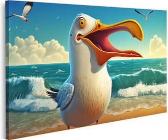 Islandburner Bild auf Leinwand Fröhliche Möwe am Strand mit weitem Schnabel und Wellen im Hintergrund Bilder Wandbilder Poster