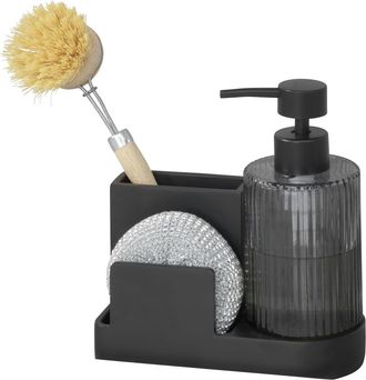 WENKO Sp&uuml;lorganizer Mod. Pina praktischer Sp&uuml;lbeckenorganizer mit Seifenspender f&uuml;r K&uuml;che und Bad aus Polyresin Glas ABS 16 x 17 x 7,5 cm Schwarz