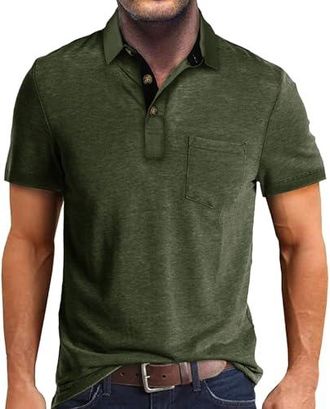 Generic Polo Homme &Eacute;t&eacute; Printemps Couleur Unie Manches Courtes Col Boutonn&eacute; Ray&eacute; Oversize Haut T-shirt, Vert arm&eacute;e., 3XL