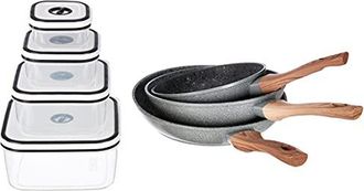 San Ignacio PK1372 Professionelle Pfannen-Set, Granit: Ø 20 Ø 24 Ø 26 + 4 luftdichte Behälter, geschmiedetes Aluminium, Pack Travel II