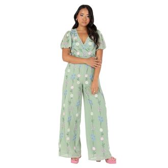 Maya Damen Womens Ladies Jumpsuit Short Sleeve V-Neck Wrap Tie Belt Open Back Embroidered Wide Leg for Wedding Guest Occasion Overall, Sage Green, 16