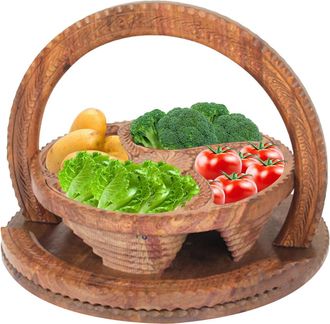 Generic Holzfruchtkorb - Zusammenklappbares Snackschale, handgefertigter Servierplatte | 4 Partitionen faltbare Halter, dekorative S&uuml;&szlig;igkeitenschale, nat&uuml;rlic