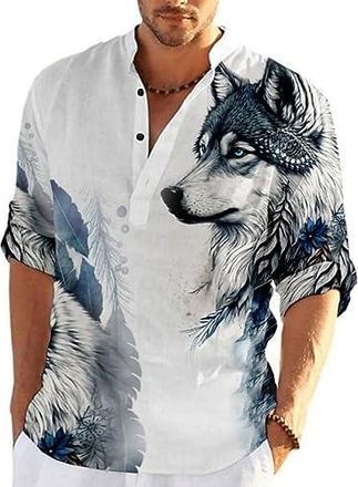 Keephen Chemise pour Homme Chemises Henley décontractées à col Montant et à Manches Longues Tops de Plage dété Chemisier boutonné à Motif de Loup Animalier T 