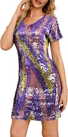 Generic Paillettenkleid Damen Karneval Kost&uuml;m Damen Bunt Pailletten Kleid Farbverlauf Glitzerkleid Abendkleid Party Clubwear Festliches Elegant Glitzer Minikl
