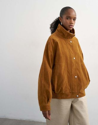 Topshop Bomber en imitation daim &agrave; col chemin&eacute;e - Fauve-Neutre