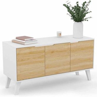 IDMarket Buffet Bas scandinave 113 cm FINN Blanc 3 Portes fa&ccedil;on h&ecirc;tre