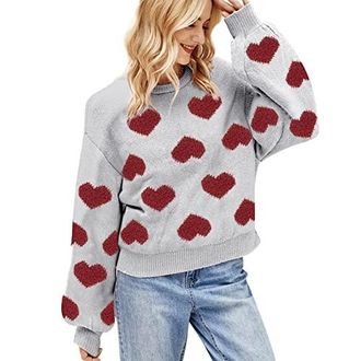 Generic Pull tricot&eacute; pour la Saint-Valentin - Grande taille - Haut &agrave; manches longues - Doux - Coupe ample - Confortable - Imprim&eacute; coeur - Pull chaud pour femm